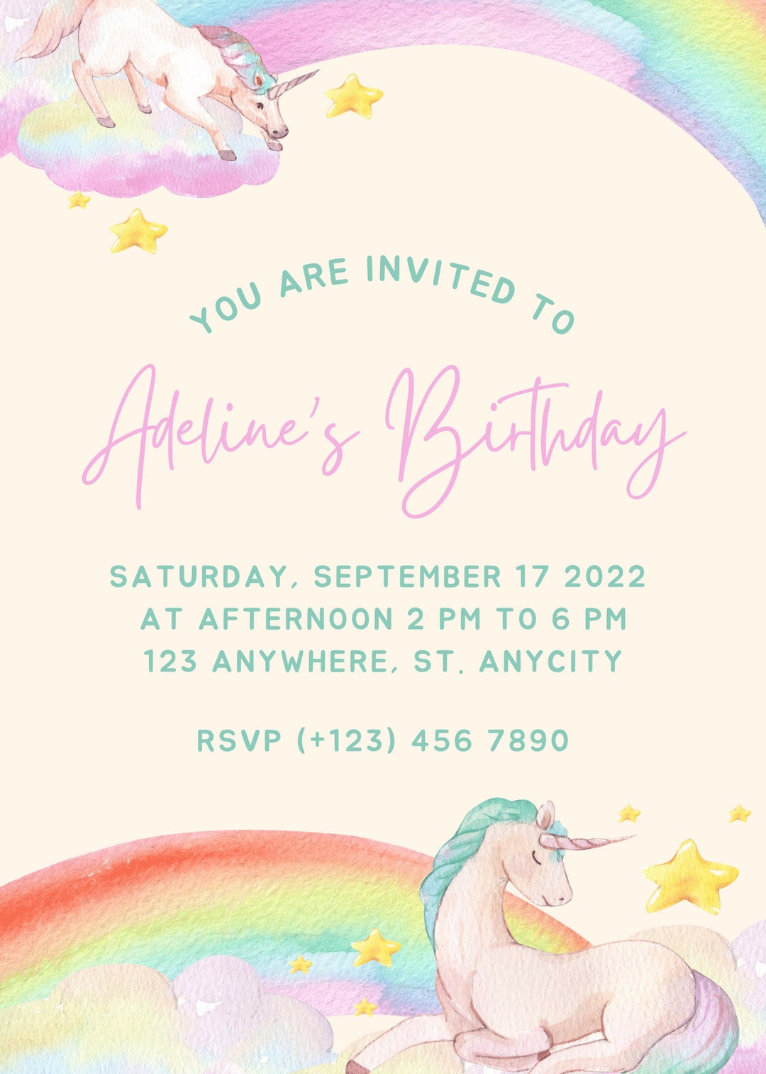 Rainbow Unicorn Customizable Invitation Digital Download - Etsy