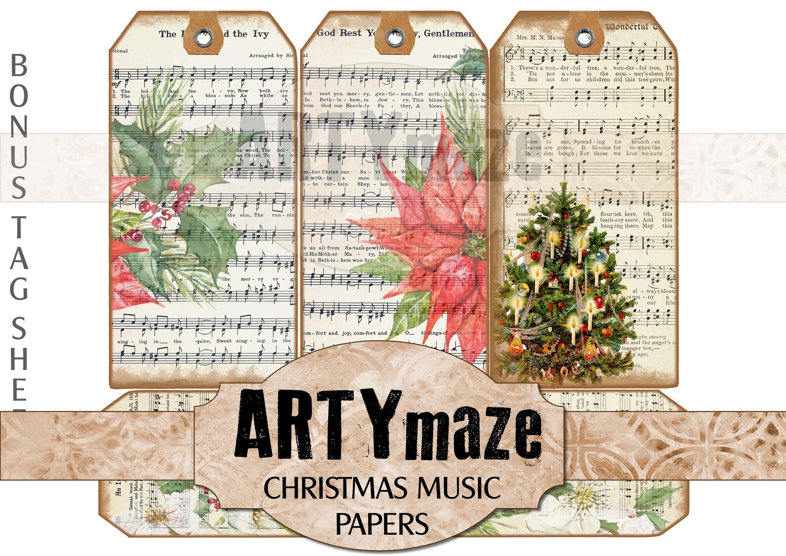 Printable VINTAGE CHRISTMAS MUSIC Papers & Bonus Tags Artymaze - Etsy