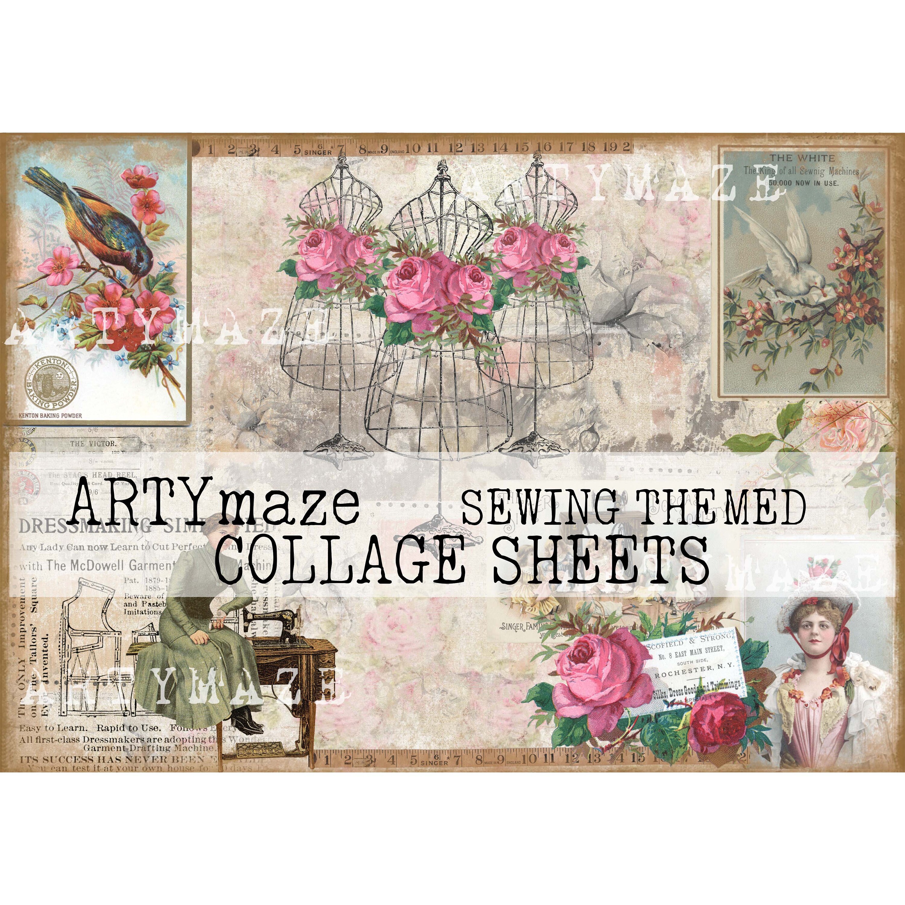 SEWING THEMED COLLAGE Sheets Plus Bonus Background Pages Artymaze - Etsy