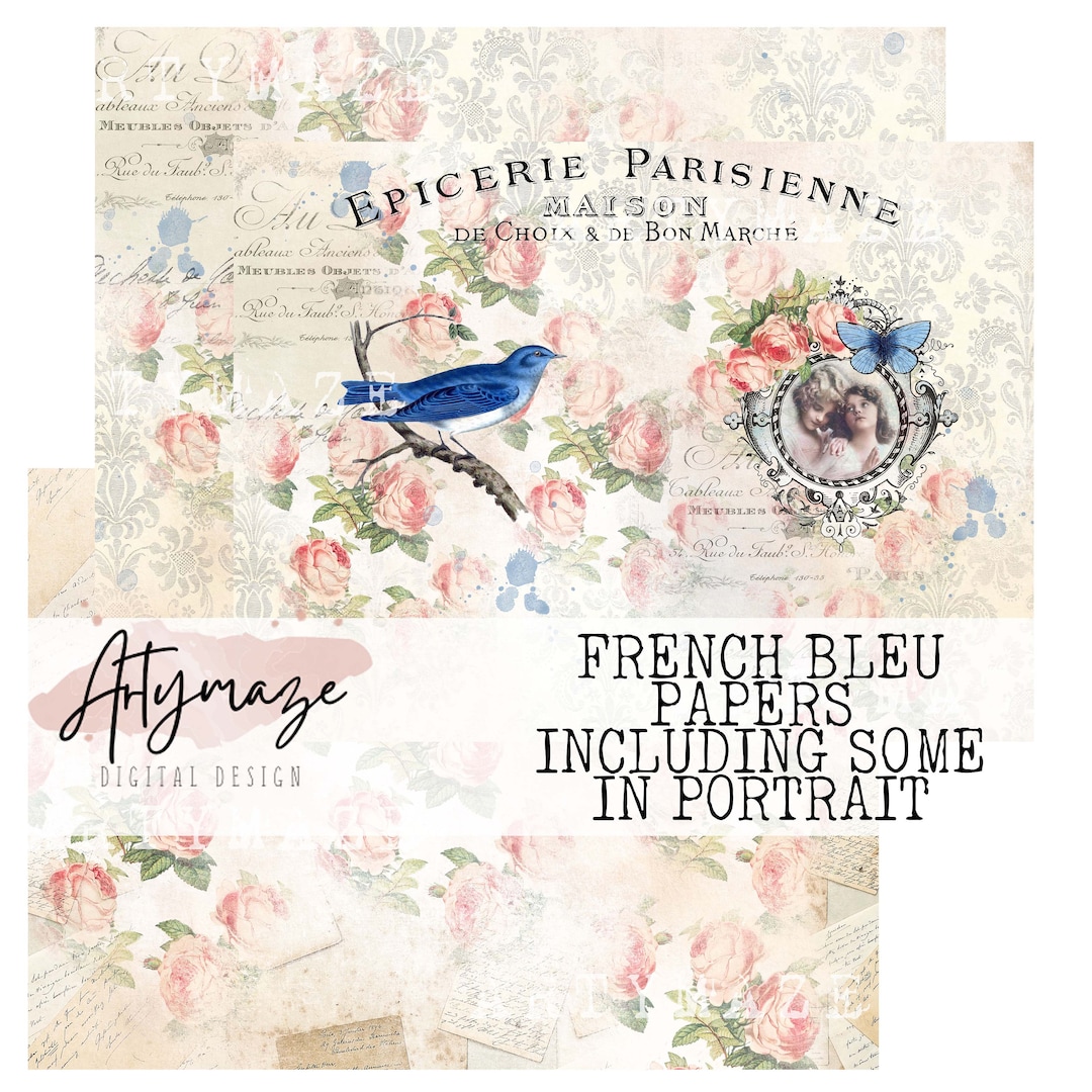 FRENCH BLEU PAPERS, Including Portrait, Junk Journal, French, Blue ...