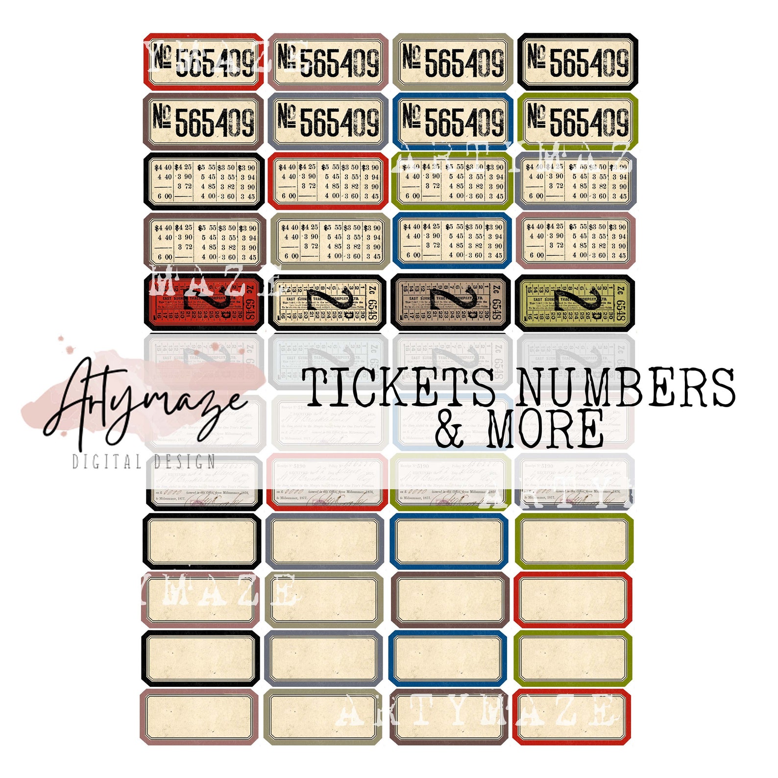 TICKET & NUMBERS Labels Set 4 Ideal for COLLAGE Labels Fussycuts ...