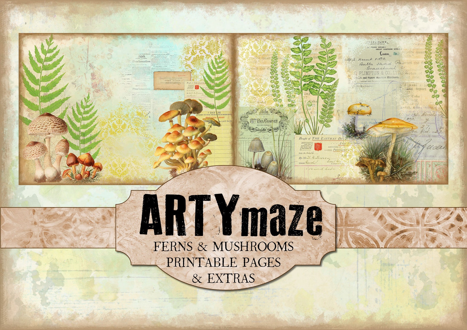 FERN & MUSHROOM COLLAGE Papers With Extras A4 Instant Download Artymaze ...