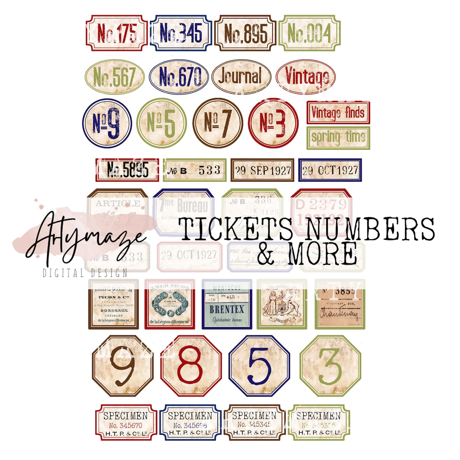 TICKET & NUMBERS Labels Set 4 Ideal for COLLAGE Labels Fussycuts ...