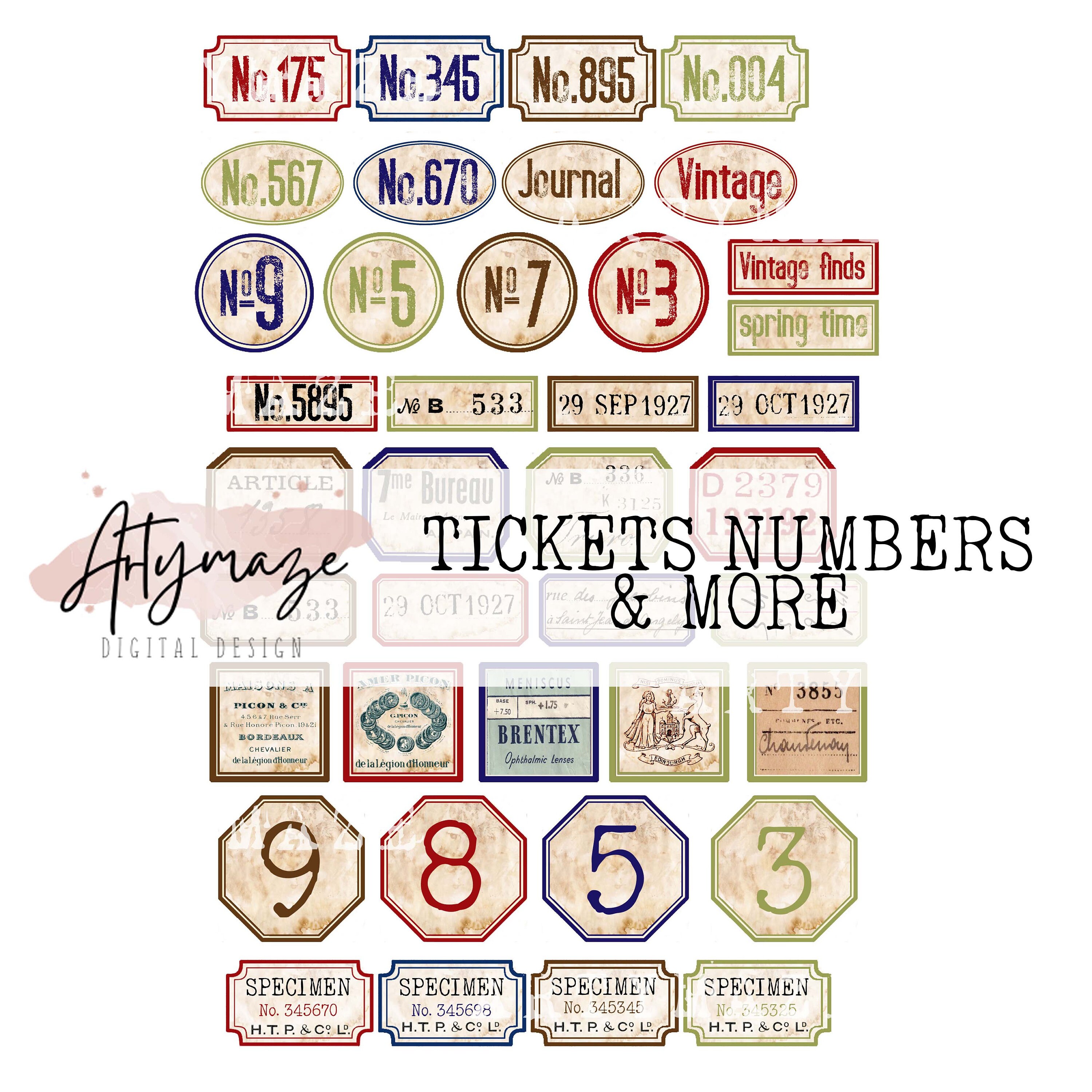 TICKET & NUMBERS Labels Set 4 Ideal for COLLAGE Labels - Etsy UK