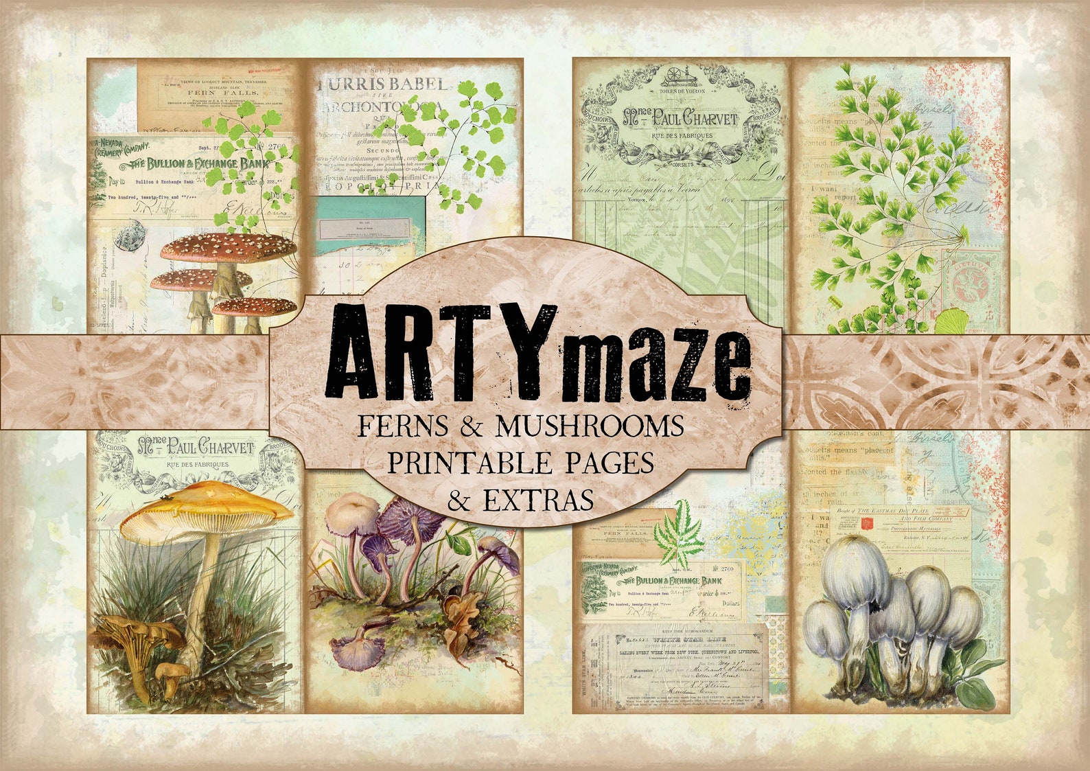 FERN & MUSHROOM COLLAGE Papers With Extras A4 Instant Download Artymaze ...