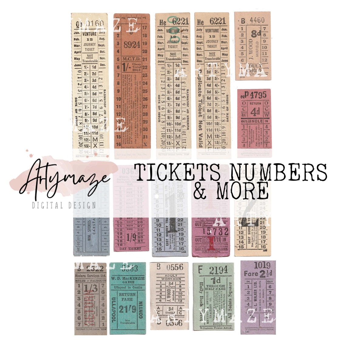 TICKET & NUMBERS Labels Set 4 Ideal for COLLAGE Labels Fussycuts ...