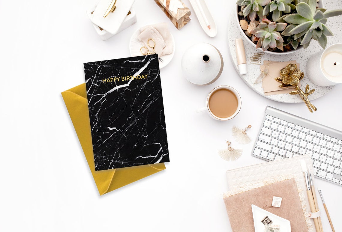 White Marble Happy Birthday Card Letterpress Gold Foil Him Her - Etsy