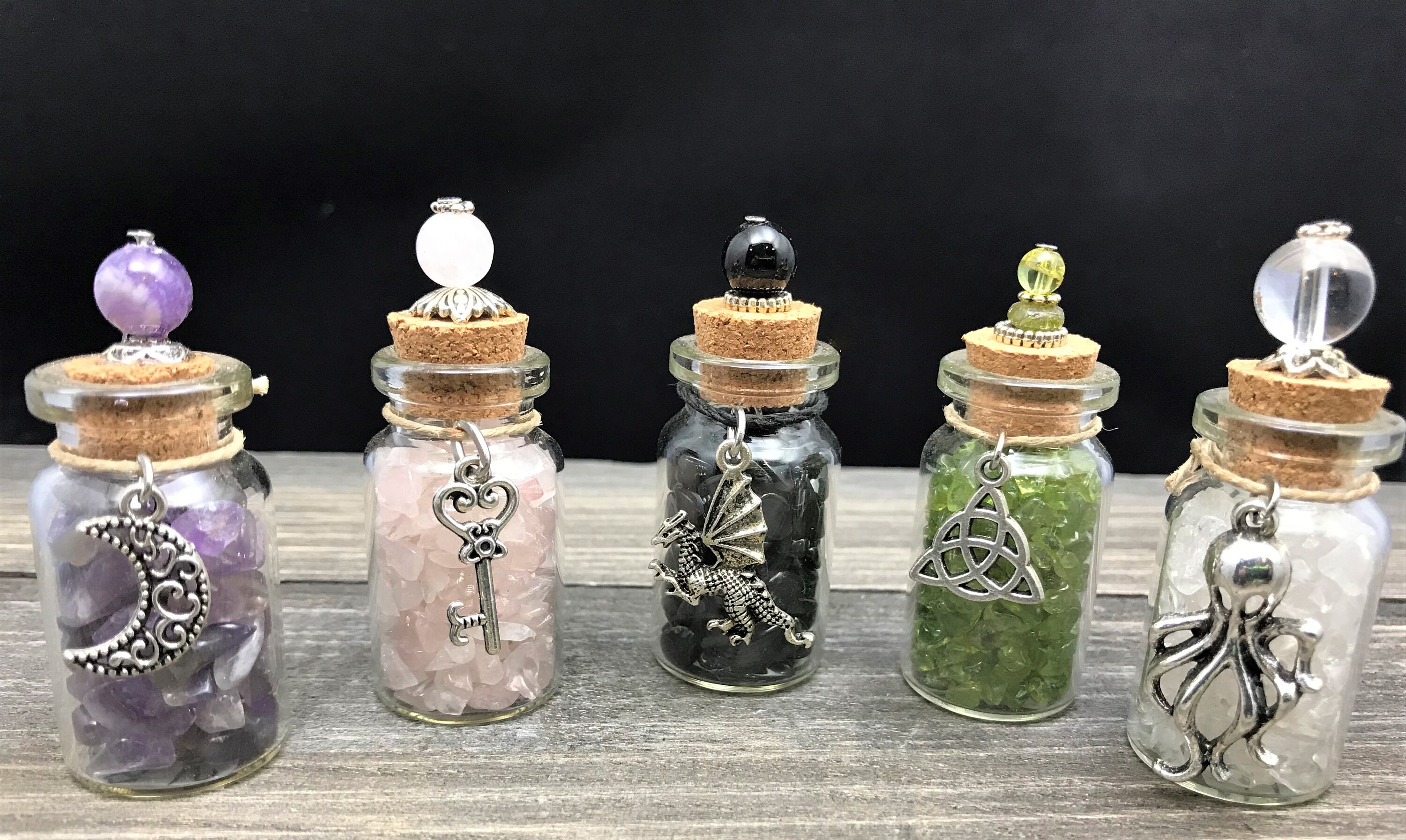 One Crystal Trinket Charm Bottle Talisman W/ Gemstone Chips and Bead ...