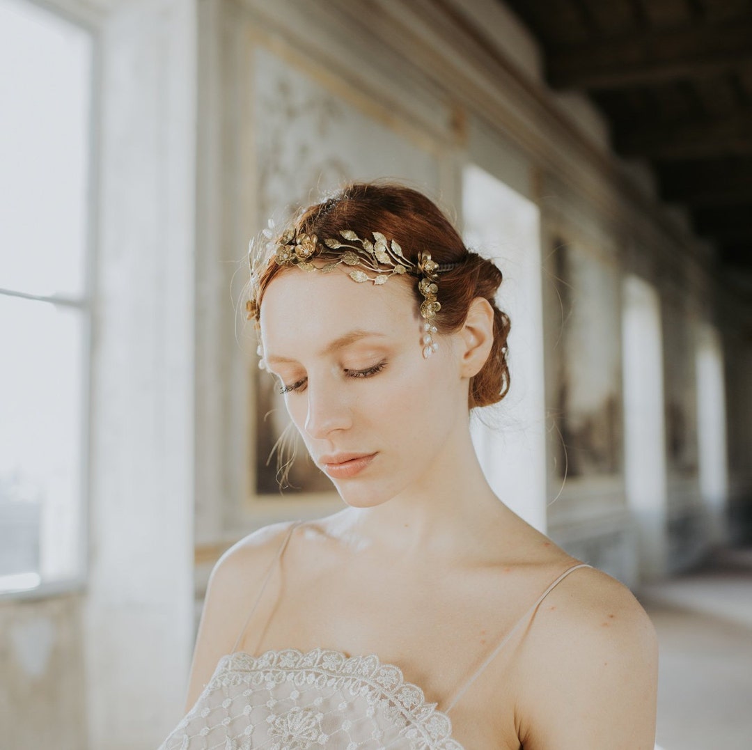 Elinor, Neoclassic golden tiara with pearls and brass leaves and ...