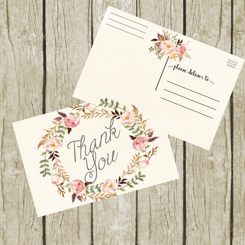 Thank You Postcards. Rustic Thank you Cards Printable Floral | Etsy
