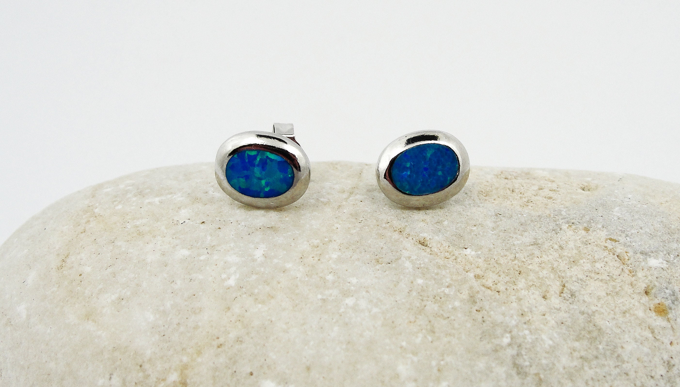 Blue Fire Opal Oval Silver Stud Earrings Greek Opal Jewelry - Etsy