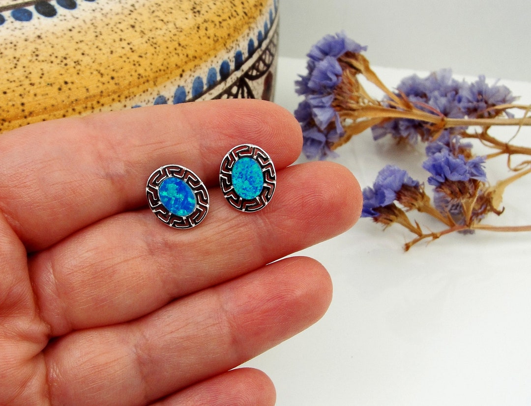 Greek Key Blue Opal Stud Earrings: Sterling Silver Meander Jewelry - Etsy