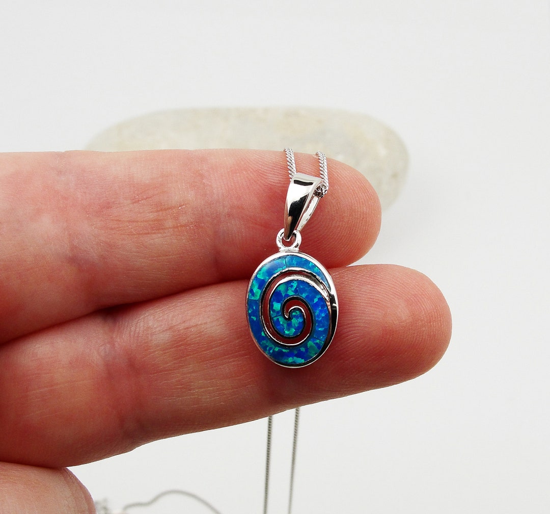 Blue Opal Oval Spiral Pendant Sterling Silver Charm, Greek Jewellery ...