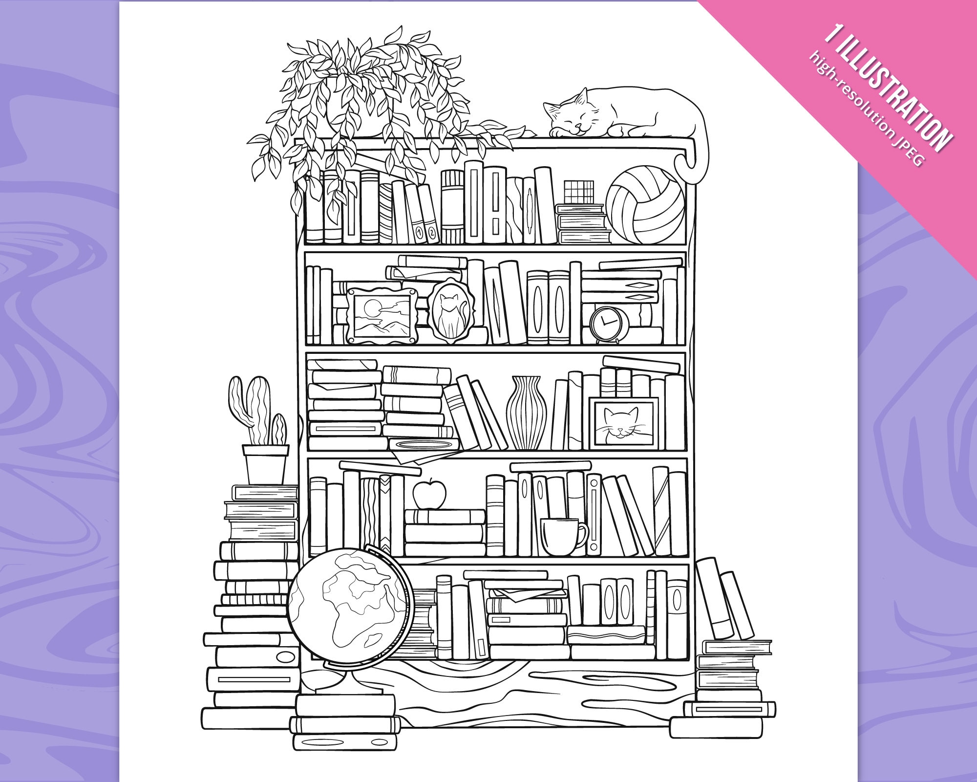 Bookshelf with a cat books coloring page. Printable design. | Etsy