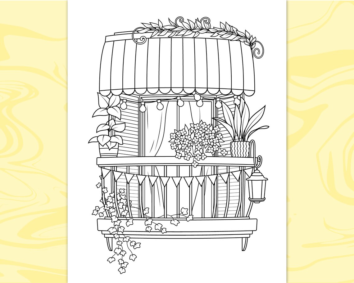 Balcón con flores página para colorear diseño imprimible | Etsy
