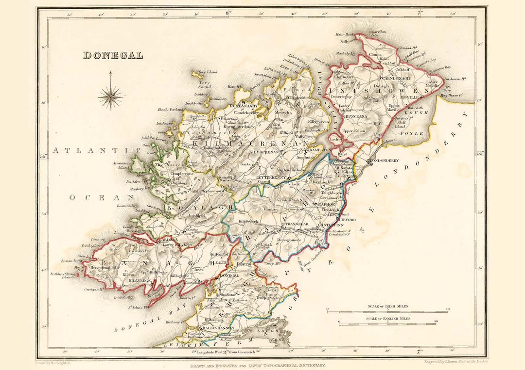 County Donegal Ireland - 1837 - Antique Irish Map - Digital Download - Etsy