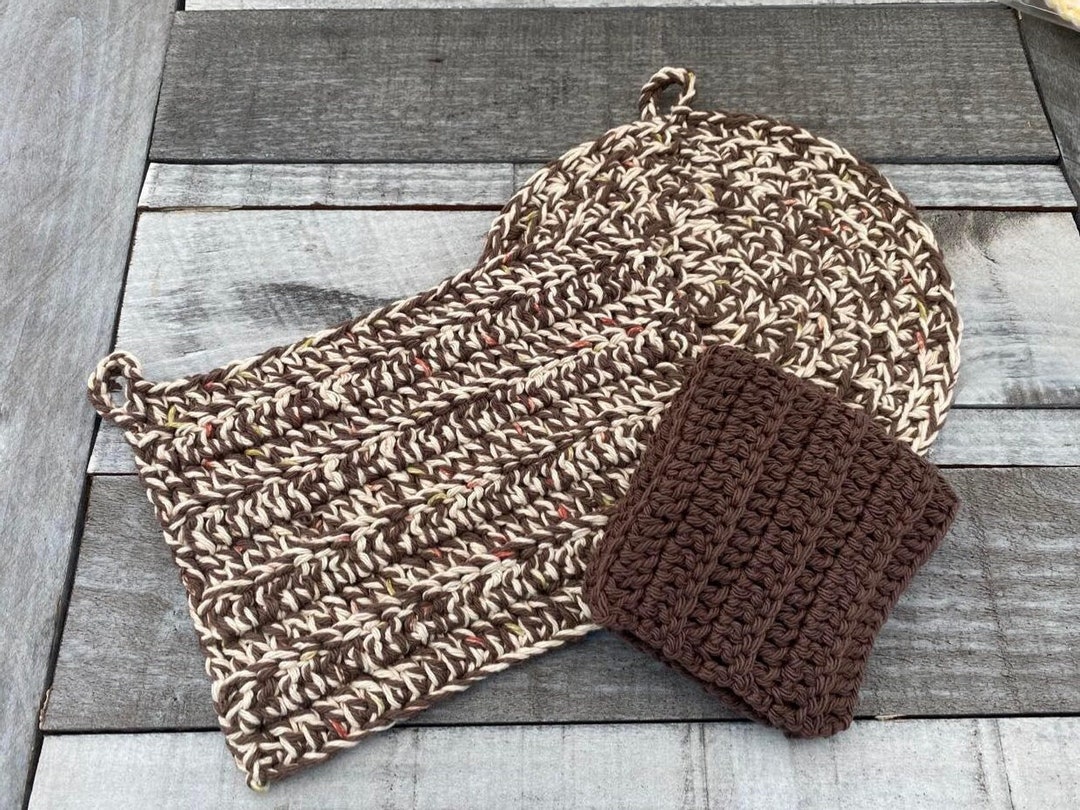Crocheted Kitchen Sets, Crochet Hot Pads, Farm House Kitchen Set, Brown ...