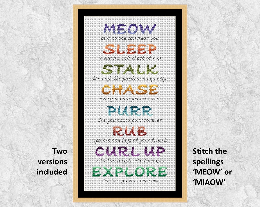 Cat Cross Stitch Pattern, Poem for Animal Lover, Meow (or Miaow) as If ...