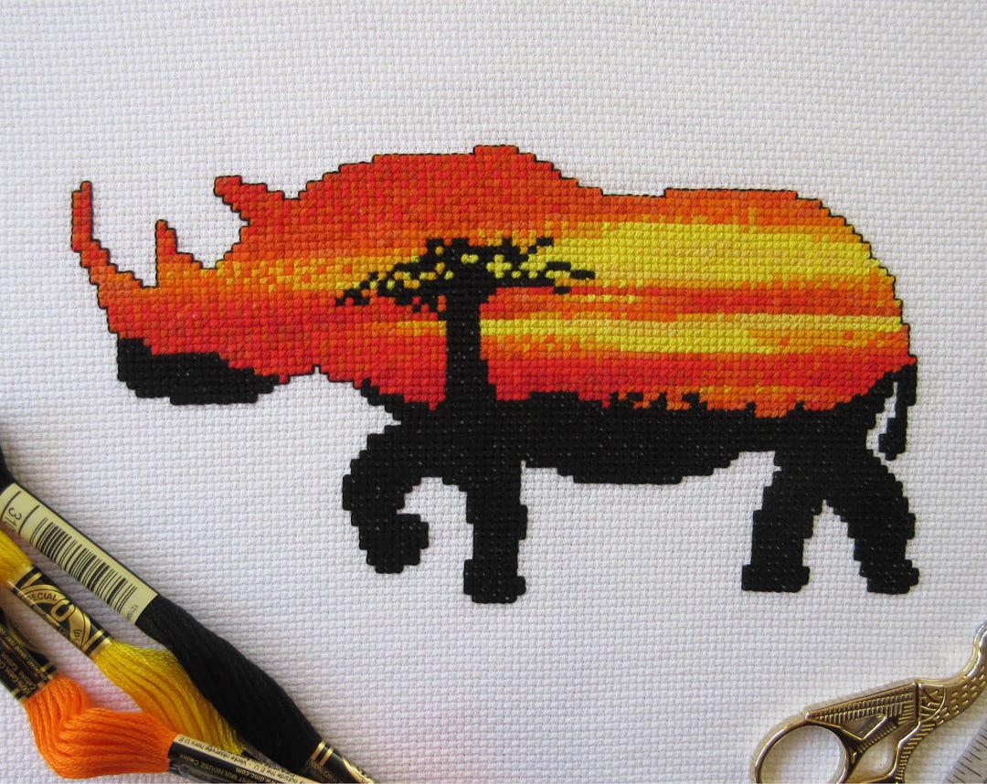 Rhinoceros Cross Stitch Pattern PDF, Sunset Rhino Counted Cross Stitch ...