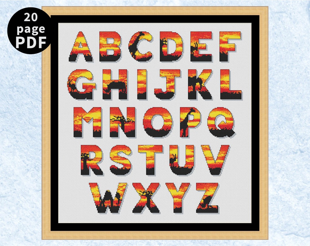 African Sunset Alphabet Cross Stitch Pattern, Safari ABC Complete Chart ...