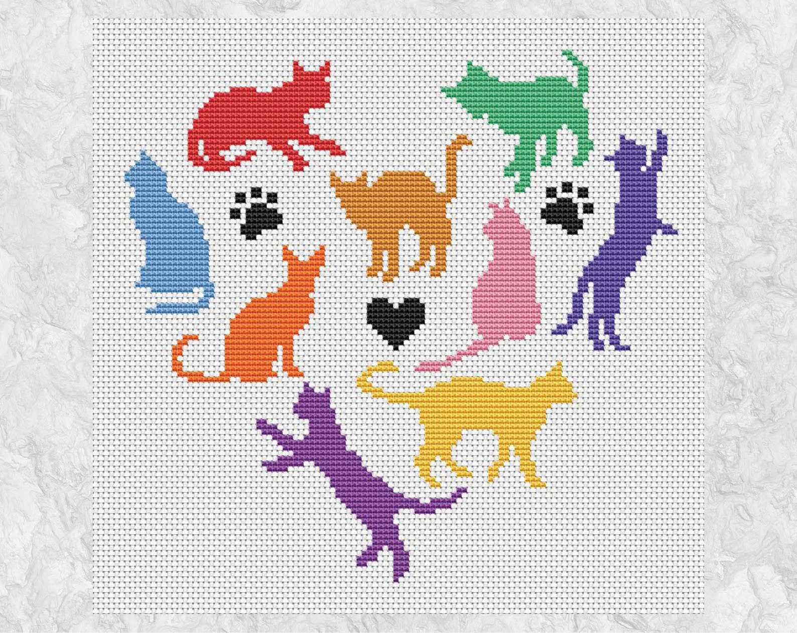 Heart of Cats Cross Stitch Pattern, Paw Prints, Gift for Cat or Kitten ...