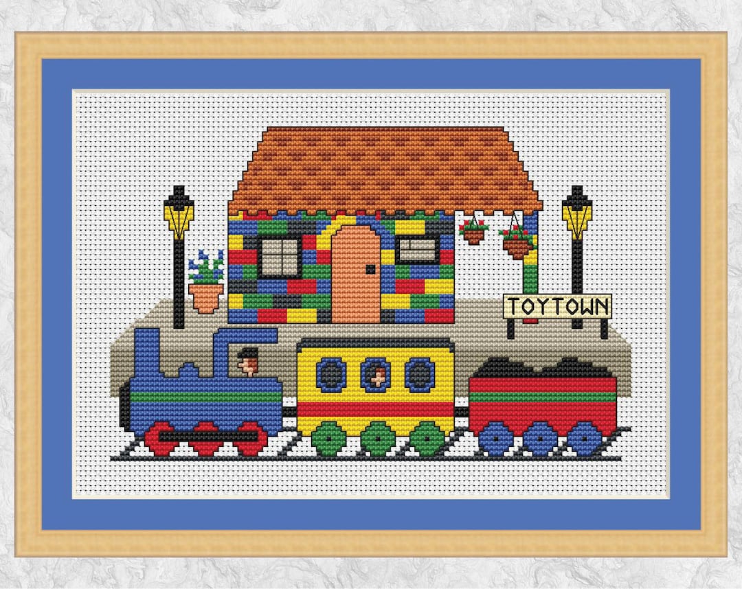 Toy Train Cross Stitch Pattern, Station, Bricks, Engine, Steam Train ...