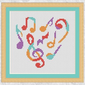 Music Heart Cross Stitch Pattern, Musical Notes, Three Colour ...