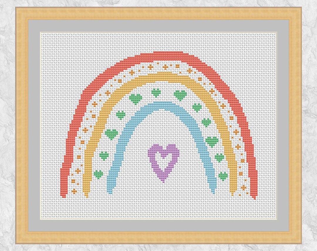 Boho Rainbow Cross Stitch Pattern, Rainbow and Hearts Easy Cross Stitch ...