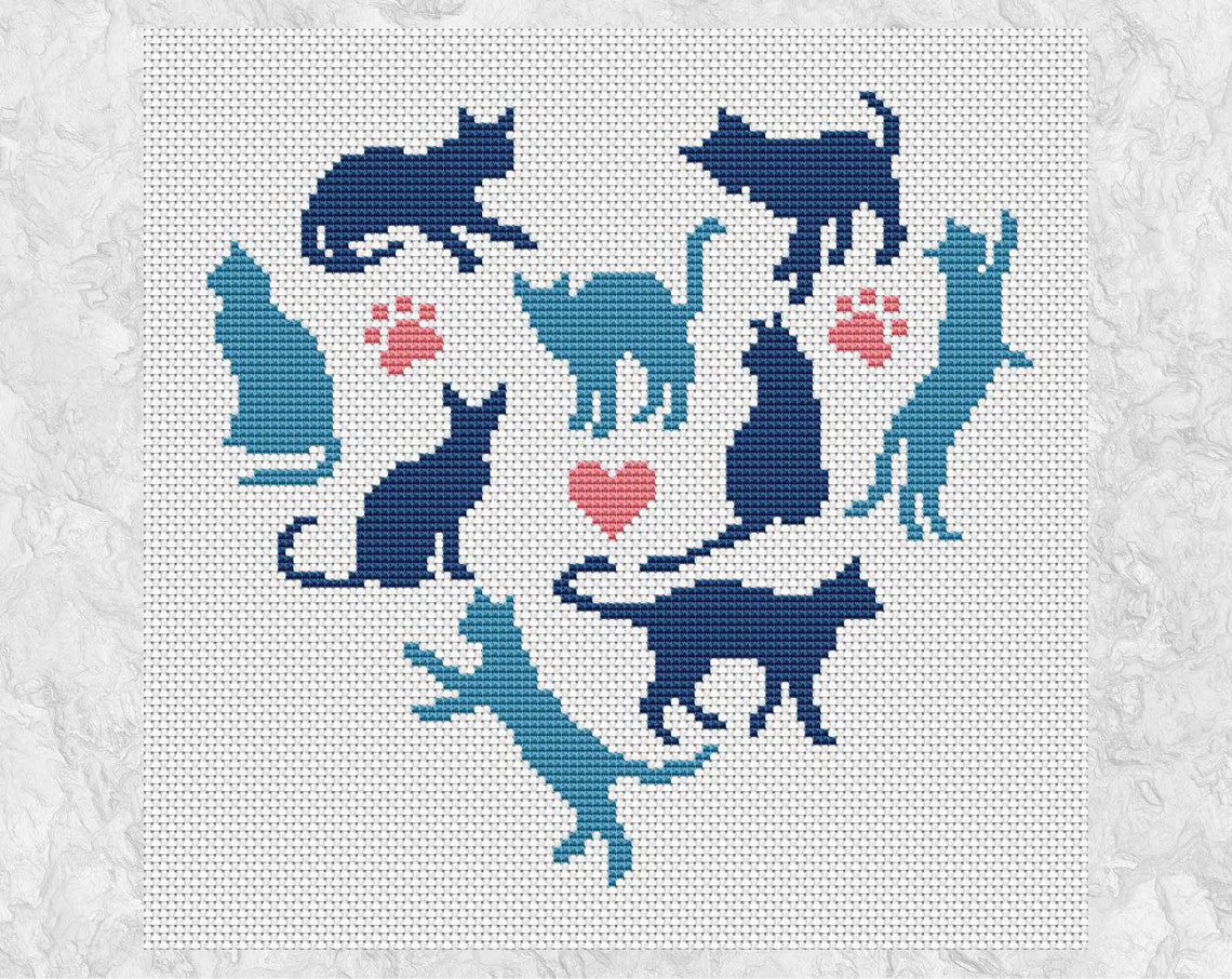Heart of Cats Cross Stitch Pattern, Paw Prints, Gift for Cat or Kitten ...