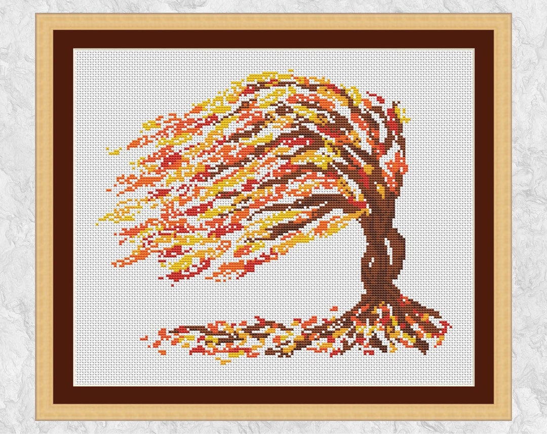 Fall Cross Stitch Pattern, Autumn Winds Tree, Woodland Leaves, Seasons ...