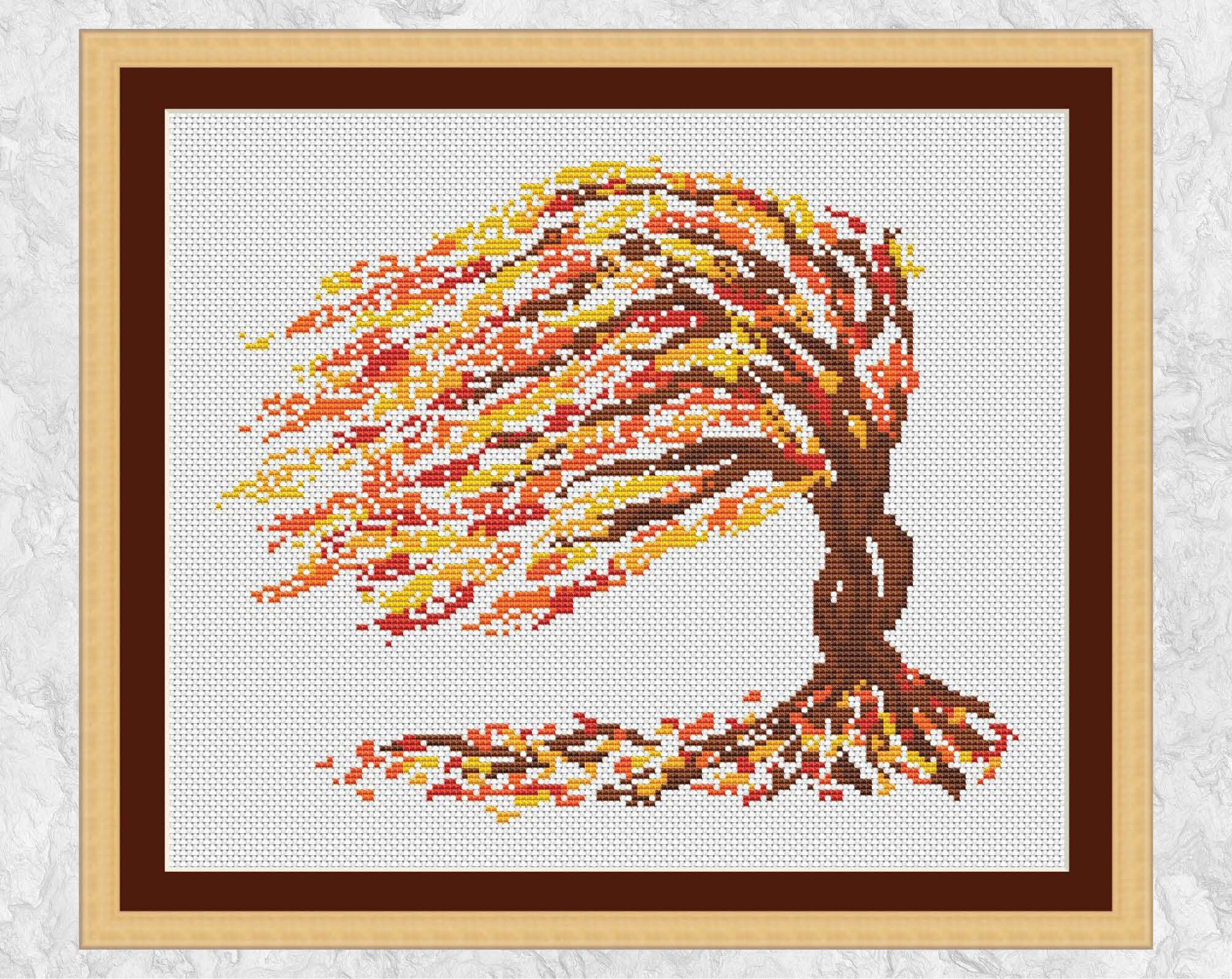 Fall cross stitch pattern autumn winds tree woodland leaves | Etsy