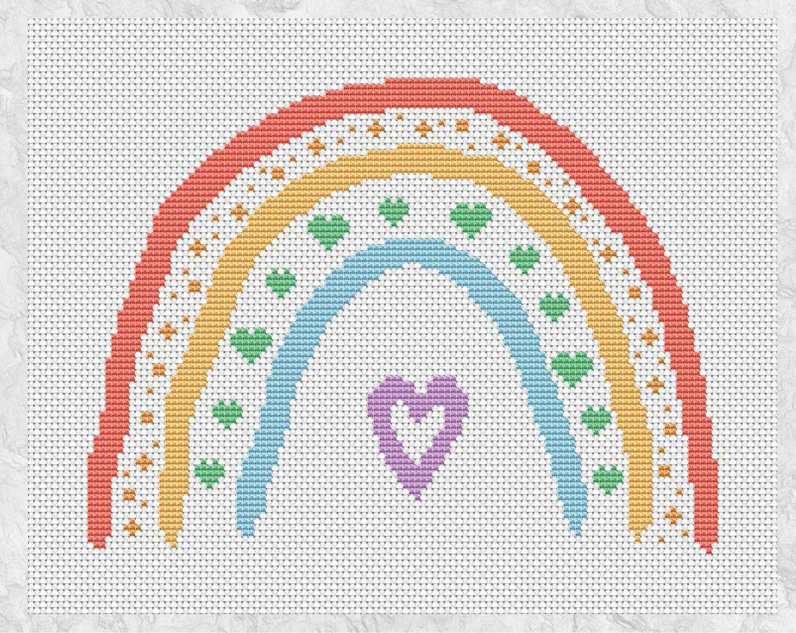 Boho Rainbow Cross Stitch Pattern, Rainbow and Hearts Easy Cross Stitch ...