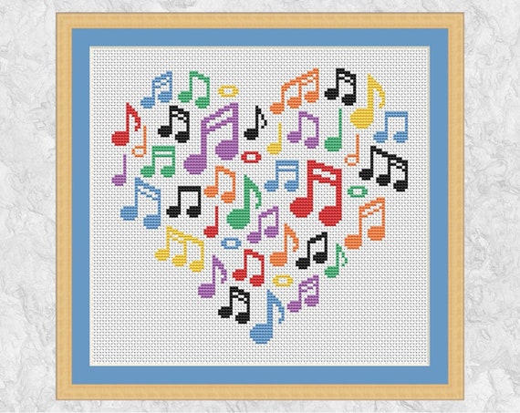 Music Notes Heart Cross Stitch Pattern larger Instant - Etsy
