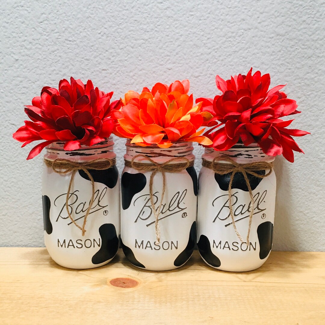 Set of 3 Cow Print Mason Jar Mason Jar Decor Farmhouse - Etsy