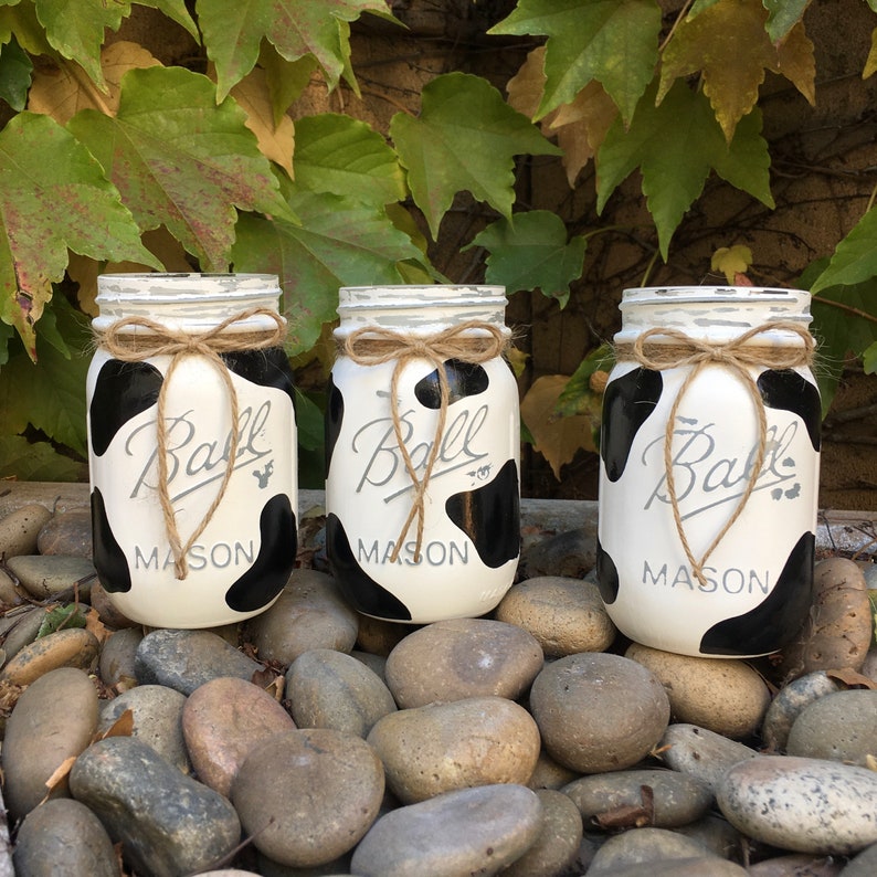 Set of 3 Cow Print Mason Jar Mason Jar Decor Farmhouse - Etsy