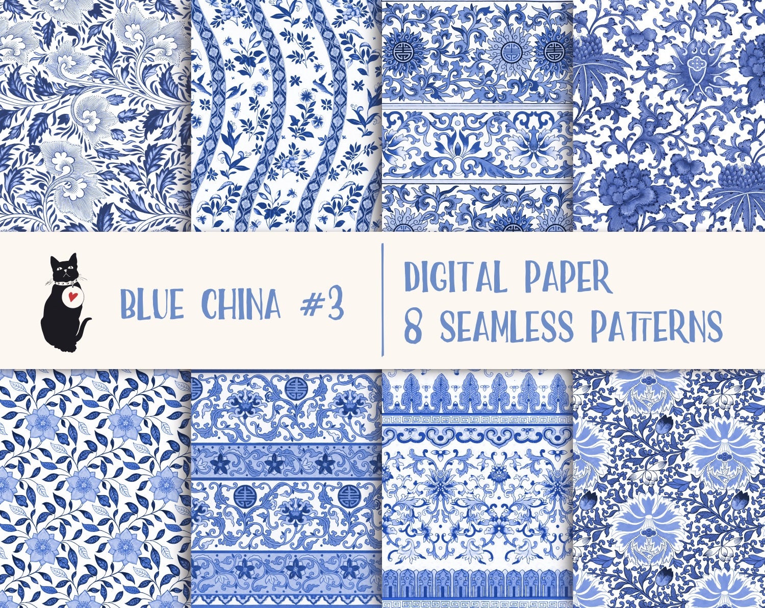 Blue China Set 3 Seamless Pattern Instant Download Digital - Etsy