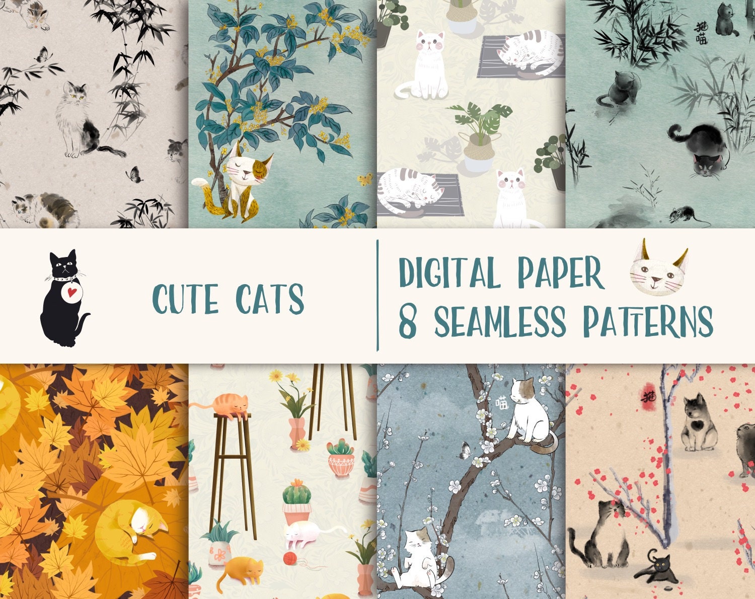 Cute Cats Digital Paper Seamless Pattern Instant Download - Etsy