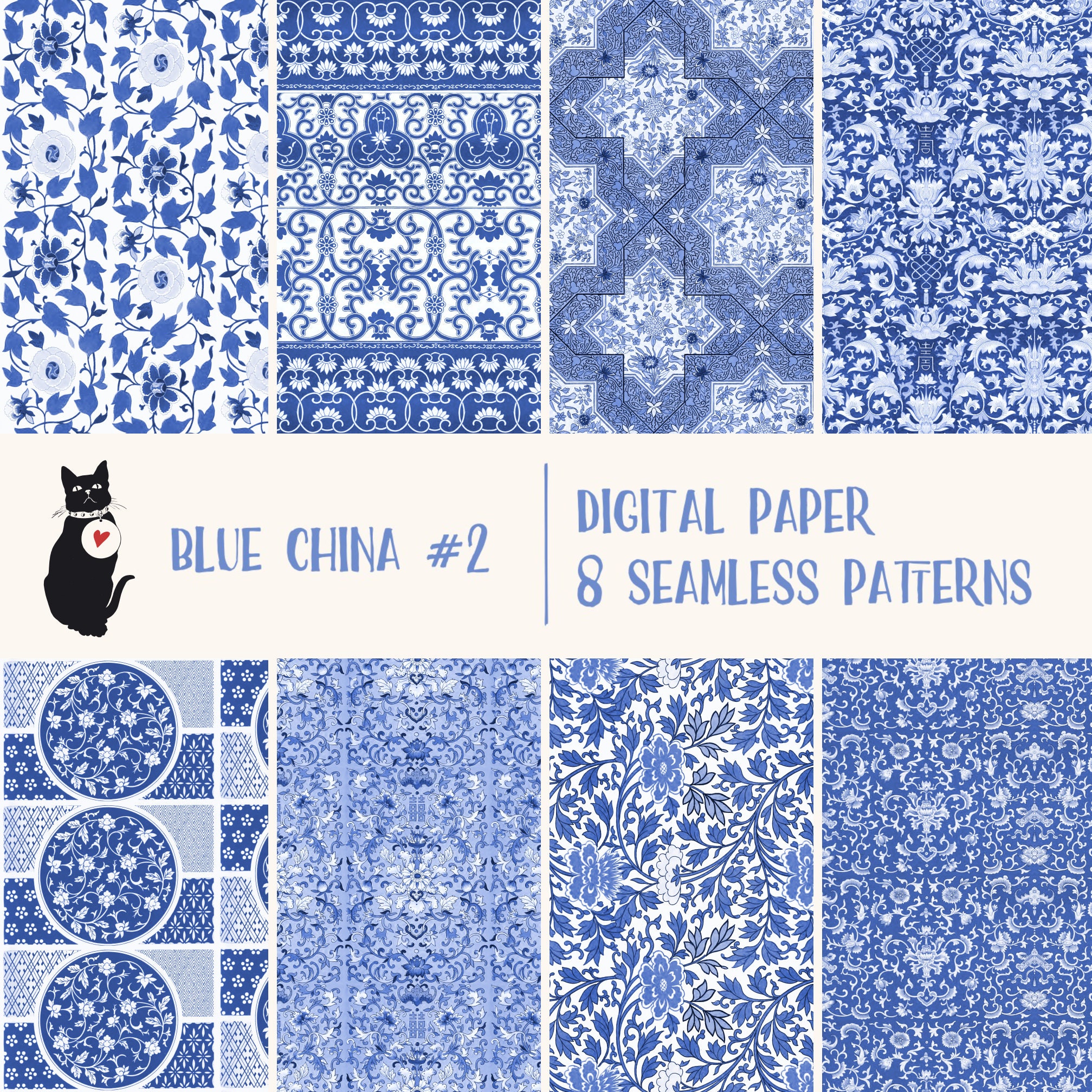 Blue China Set 2 - Instant Download Digital Paper, Vintage, Seamless ...