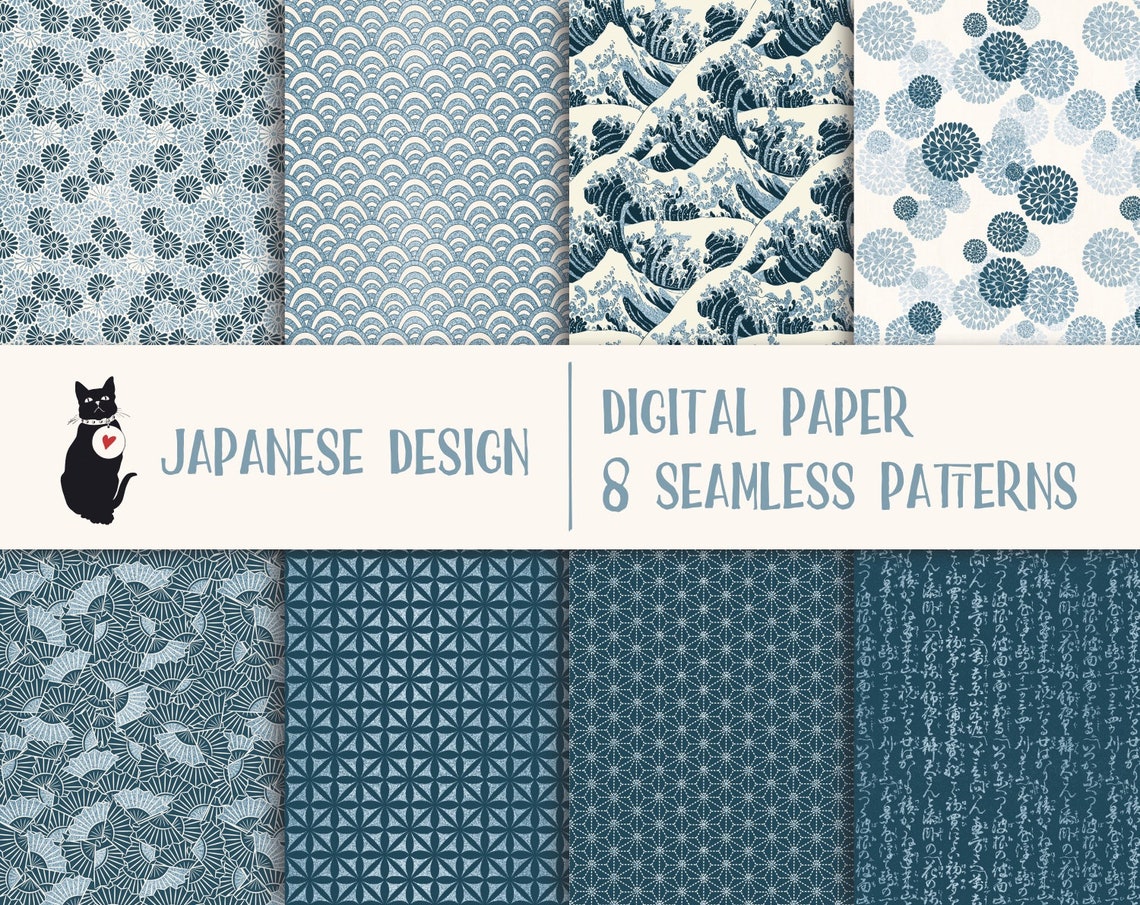 Japanese Designs Instant Download Digital Paper Blue With - Etsy