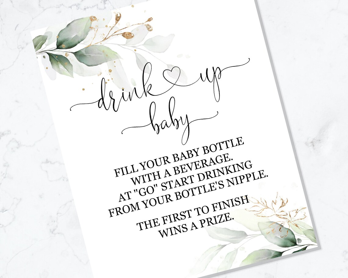 Greenery and Gold Bottle Chug Game INSTANT DOWNLOAD Baby - Etsy