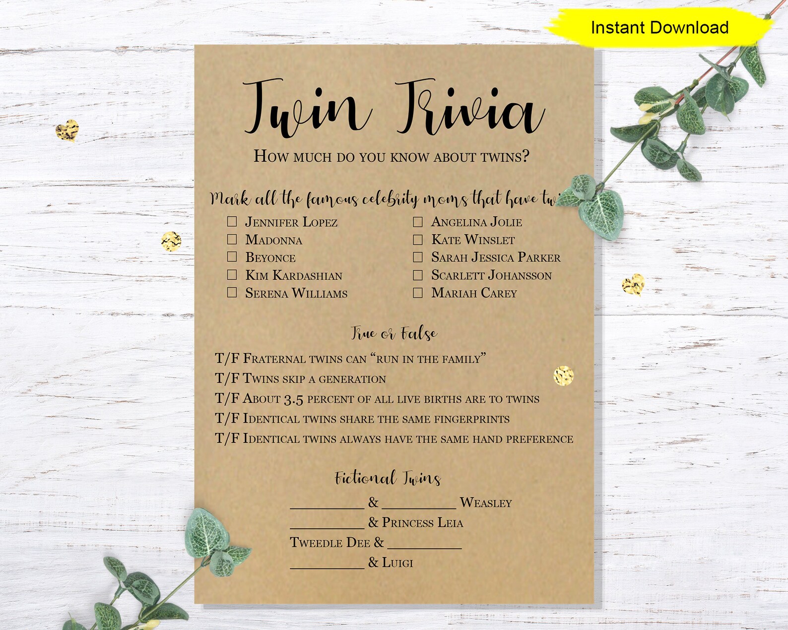 Kraft Twins Trivia Game - INSTANT DOWNLOAD - Printable Digital Baby ...