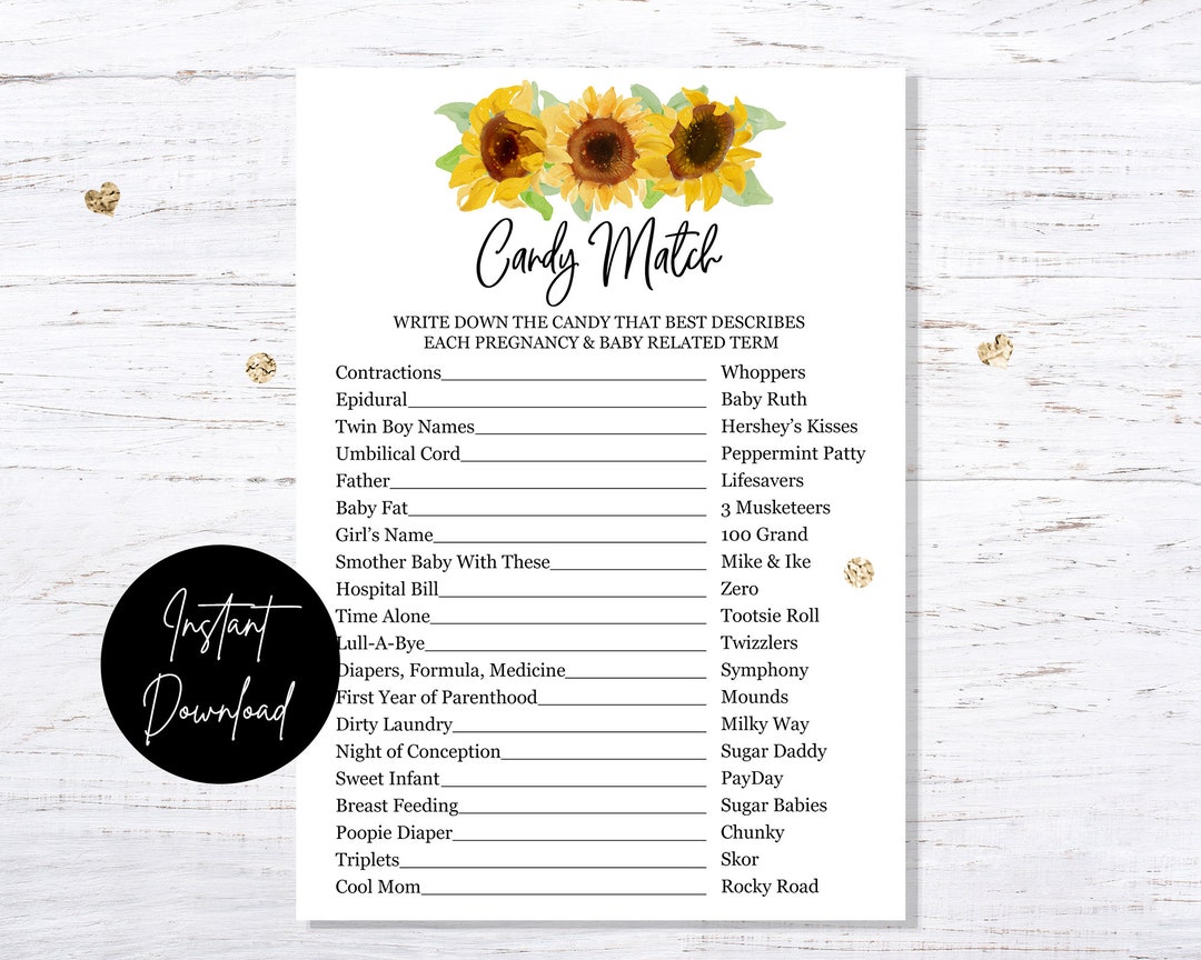 Sunflower Candy Match Game - INSTANT DOWNLOAD - Printable Digital Baby ...