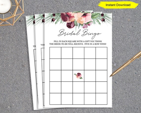 Champagne and Burgundy Flowers Bridal Bingo game - INSTANT DOWNLOAD ...