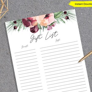 Burgundy and Blush Gift List Page - INSTANT DOWNLOAD - Bridal Shower ...