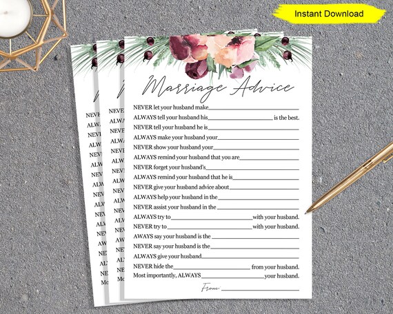 Burgundy and Blush Marriage Advice game - INSTANT DOWNLOAD - bridal ...