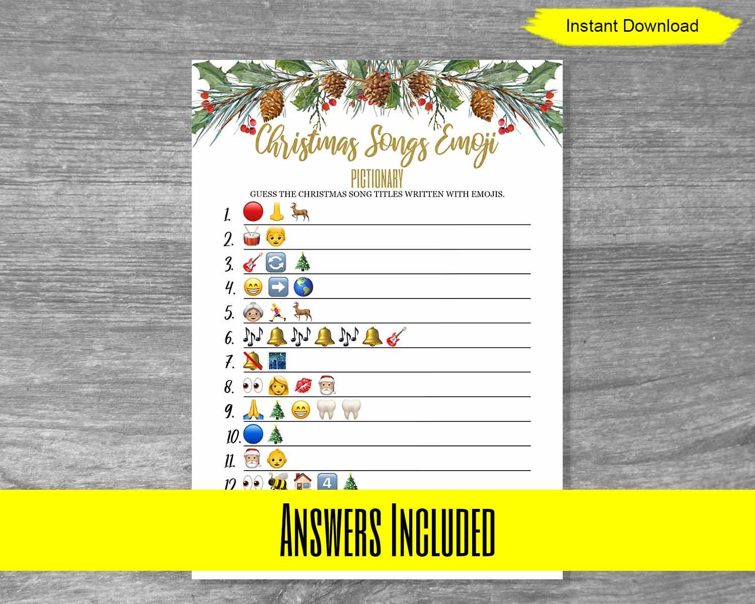 Christmas Songs Emoji Pictionary Game - INSTANT DOWNLOAD - Printable ...