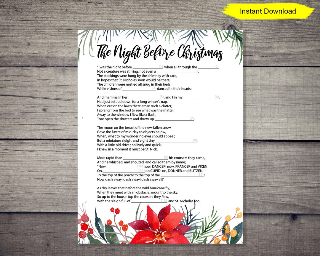 The Night Before Christmas Madlibs INSTANT DOWNLOAD Printable Digital ...