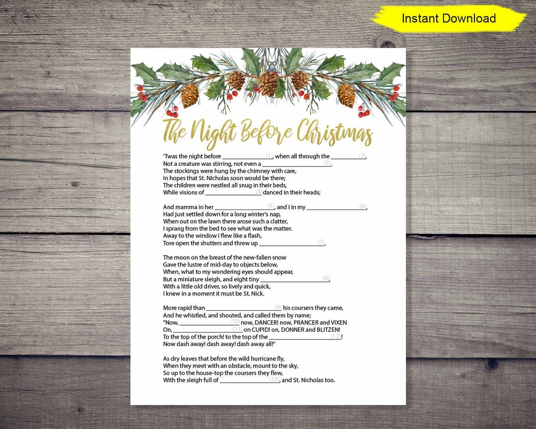 The Night Before Christmas Madlibs - INSTANT DOWNLOAD - Printable ...