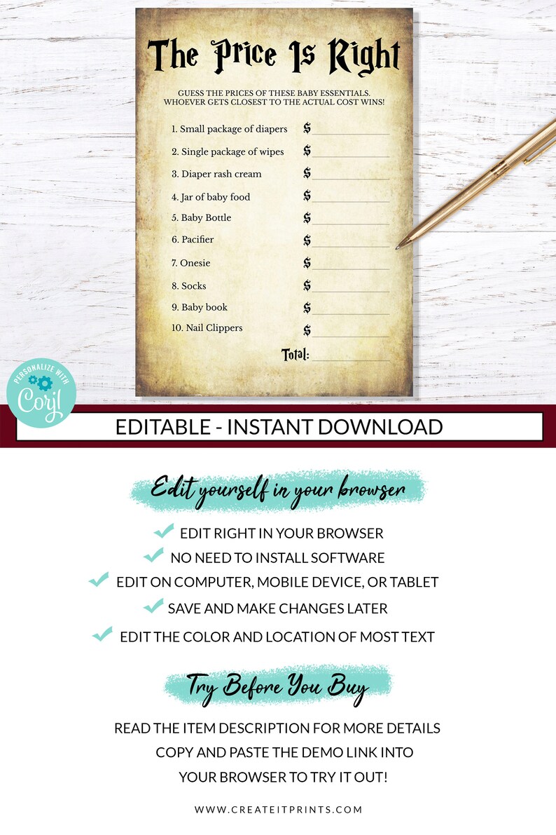 EDITABLE Wizard Price is Right Game - INSTANT DOWNLOAD - Printable ...