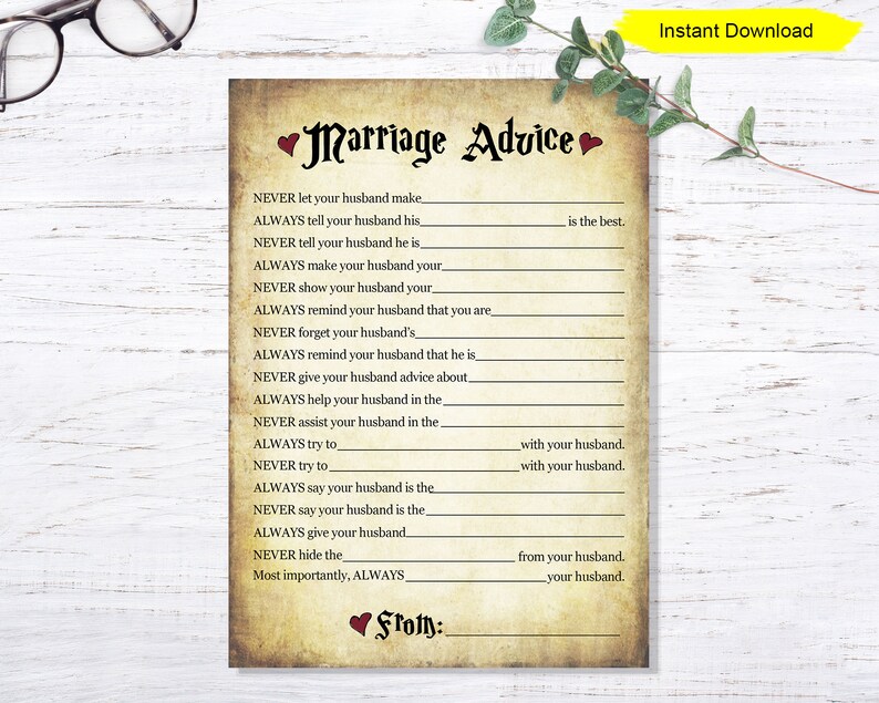 Marriage Advice game INSTANT DOWNLOAD bridal shower | Etsy
